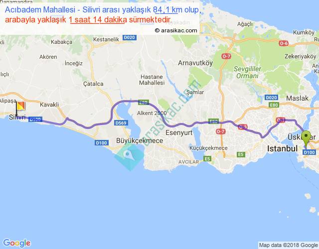 Acıbadem Mahallesi Silivri arası kaç km, saat