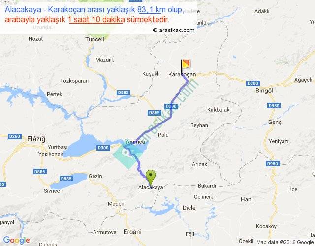 Alacakaya Karakoçan arası kaç km, saat Alacakaya Karakoçan arası kaç km, saat