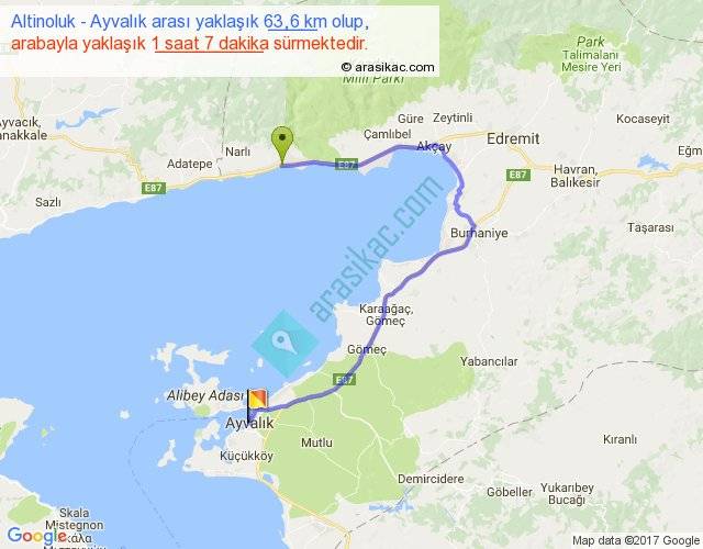 Altinoluk Ayvalık arası kaç km, saat