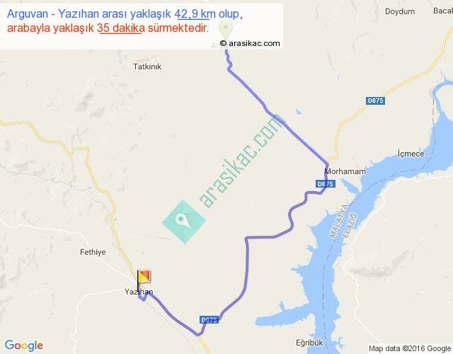 Arguvan Yazıhan arası kaç km, saat
