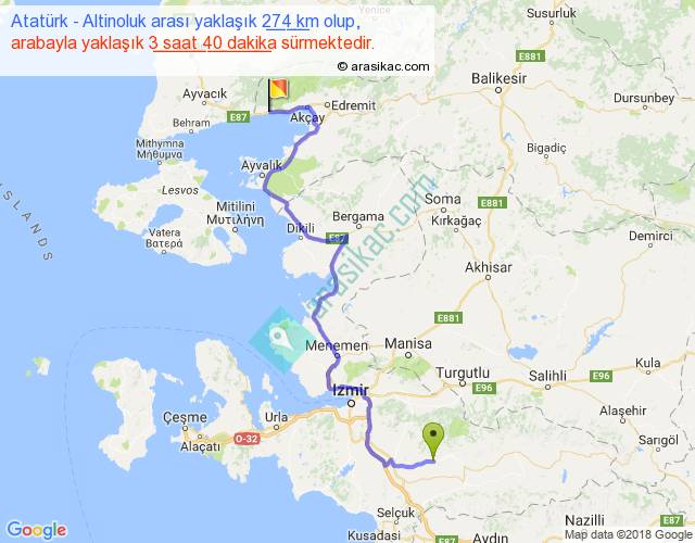 Atatürk Altinoluk arası kaç km, saat