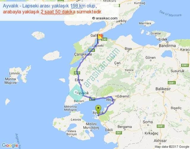 Ayvalık Lapseki arası kaç km, saat