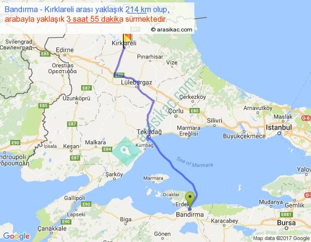 Bandırma Kırklareli arası kaç km, saat Bandırma Kırklareli arası kaç km, saat