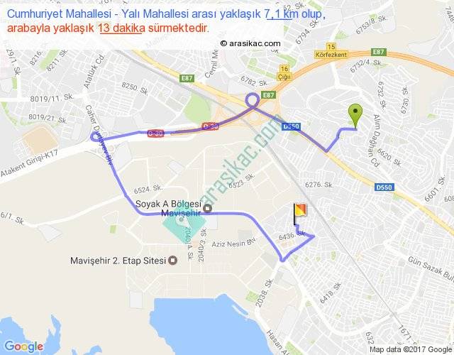 Cumhuriyet Mahallesi Yalı Mahallesi arası kaç km, saat Cumhuriyet Mahallesi Yalı Mahallesi arası kaç km, saat