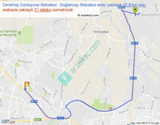 Demirtaş Dumlupınar Mahallesi Bağlarbaşı Mahallesi arası kaç km, saat Demirtaş Dumlupınar Mahallesi Bağlarbaşı Mahallesi arası kaç km, saat