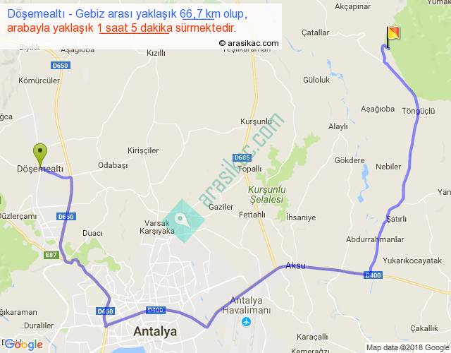 Döşemealtı Gebiz arası kaç km, saat