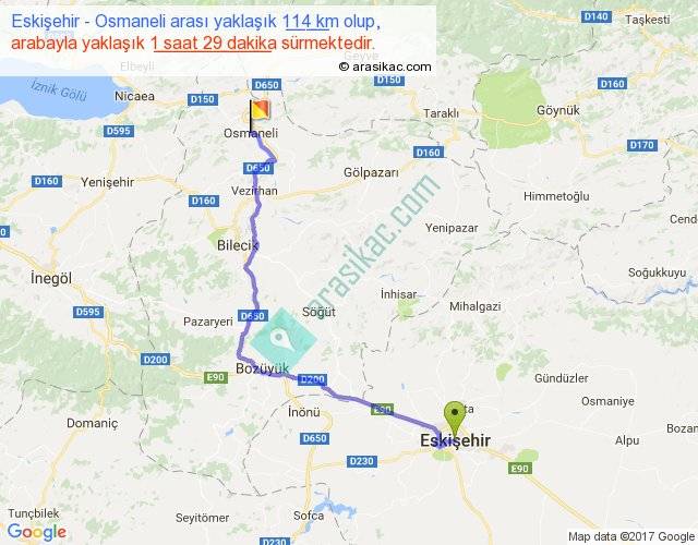 Eskişehir Osmaneli arası kaç km, saat