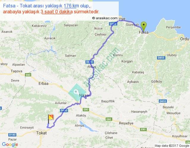 Fatsa Tokat arası kaç km, saat