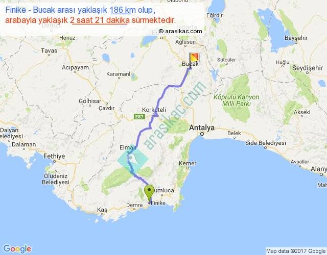 Finike Bucak arası kaç km, saat