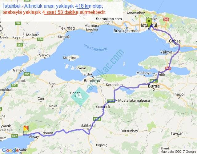 İstanbul Altinoluk arası kaç km, saat