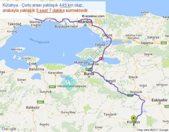 Kütahya Çorlu arası kaç km, saat Kütahya Çorlu arası kaç km, saat