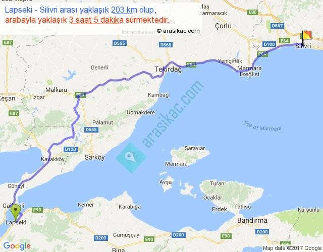 Lapseki Silivri arası kaç km, saat