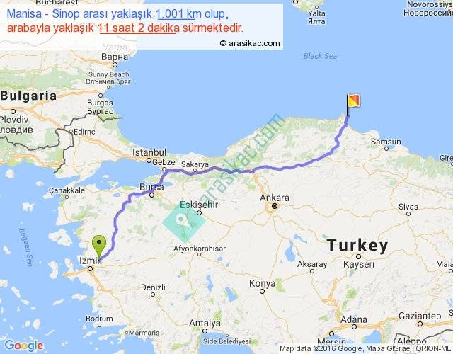 Manisa Sinop arası kaç km, saat Manisa Sinop arası kaç km, saat