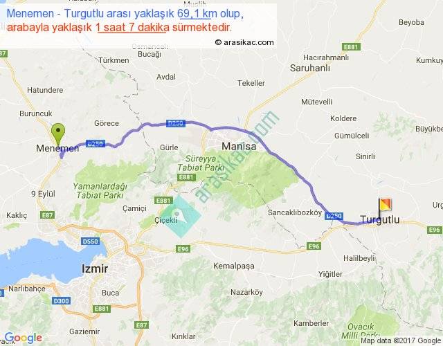 Menemen Turgutlu arası kaç km, saat