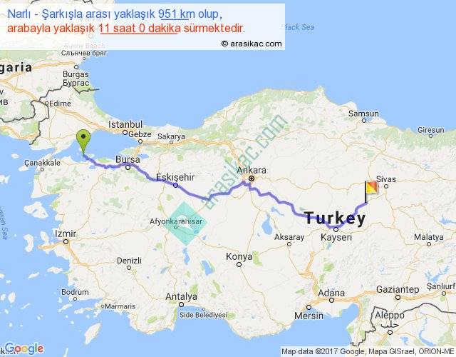 Narlı Şarkışla arası kaç km, saat