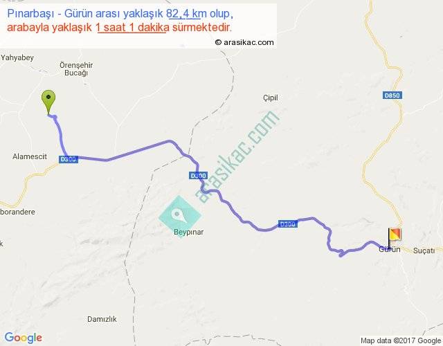 Pınarbaşı Gürün arası kaç km, saat