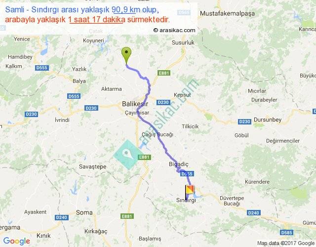 Samli Sındırgı arası kaç km, saat