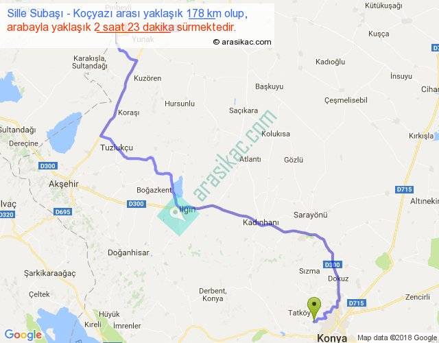 Sille Subaşı Koçyazı arası kaç km, saat