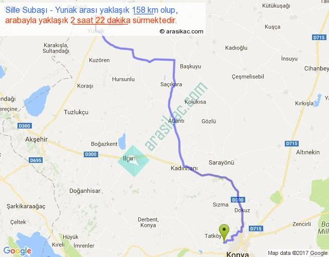 Sille Subaşı Yunak arası kaç km, saat