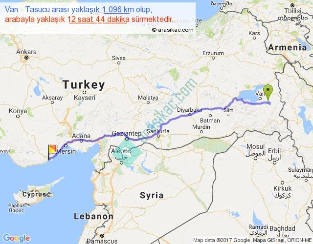 Van Tasucu arası kaç km, saat
